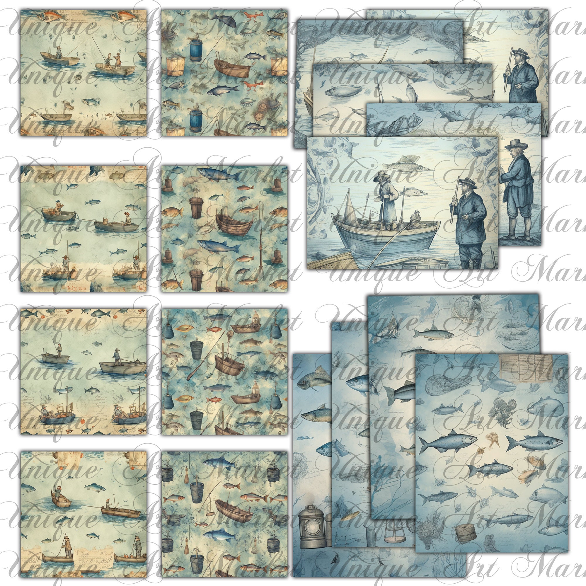 Vintage Fishing Journal Pages , Digital Papers , Fish Ephemera Pack ...