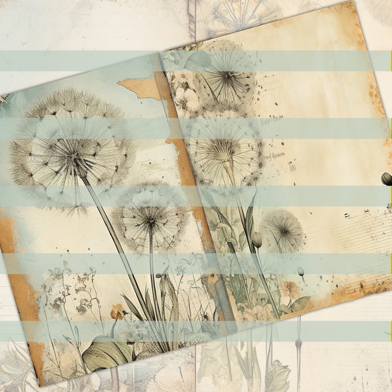 Vintage Dandelion Mega Journal Pages , Digital Papers, Floral Boho ...