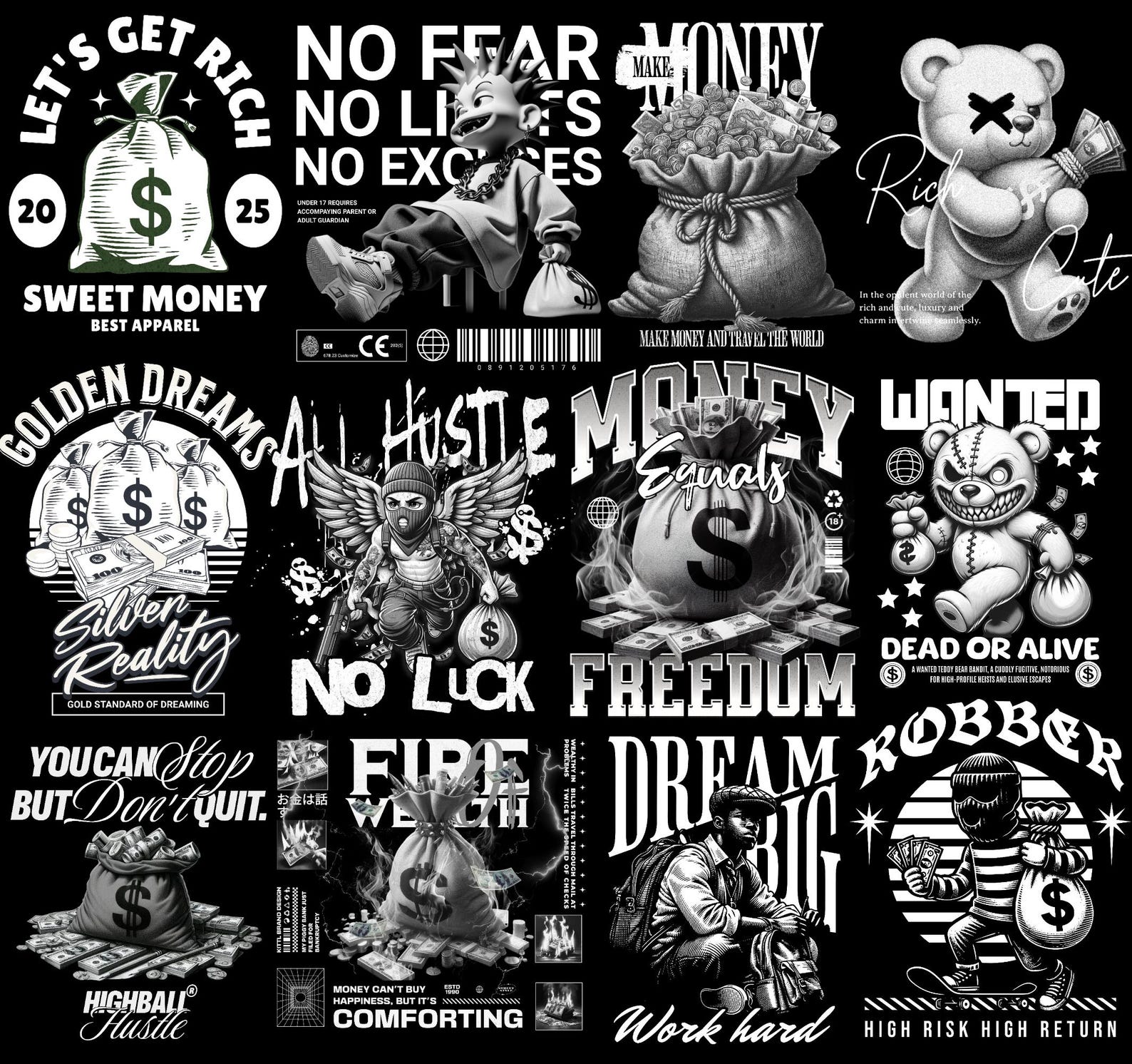 Money Bag Streetwear PNG Bundle - Cash-inspired T-shirt Designs - Etsy