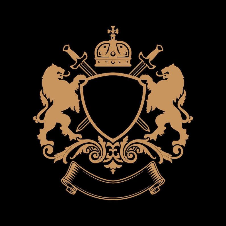 Shield With Lion, Crown, and Swords SVG. Family Crest Logo. Coat of ...