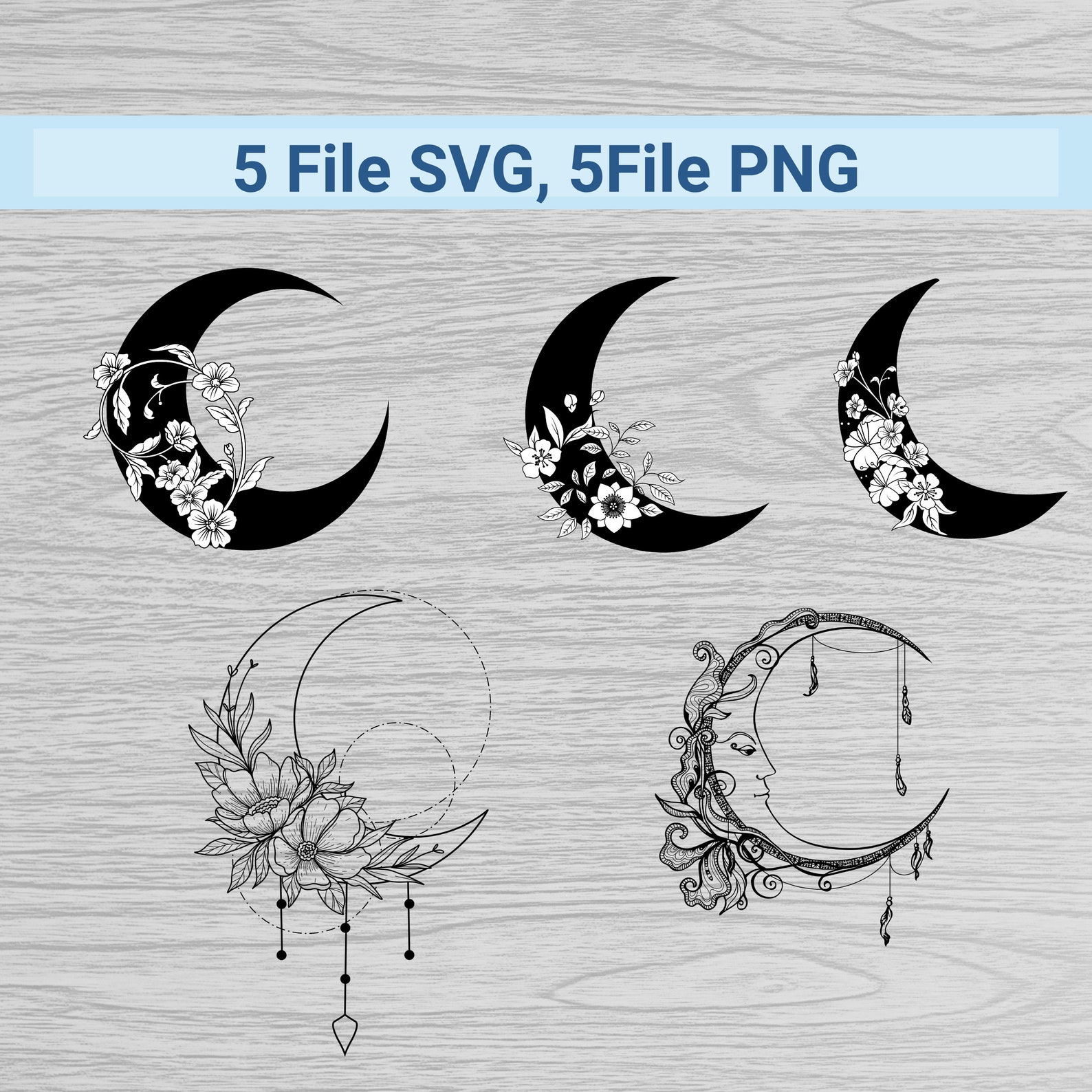Moon Flowers Svg File, Floral Moon Svg, Dreams Svg, Moon With Flowers ...