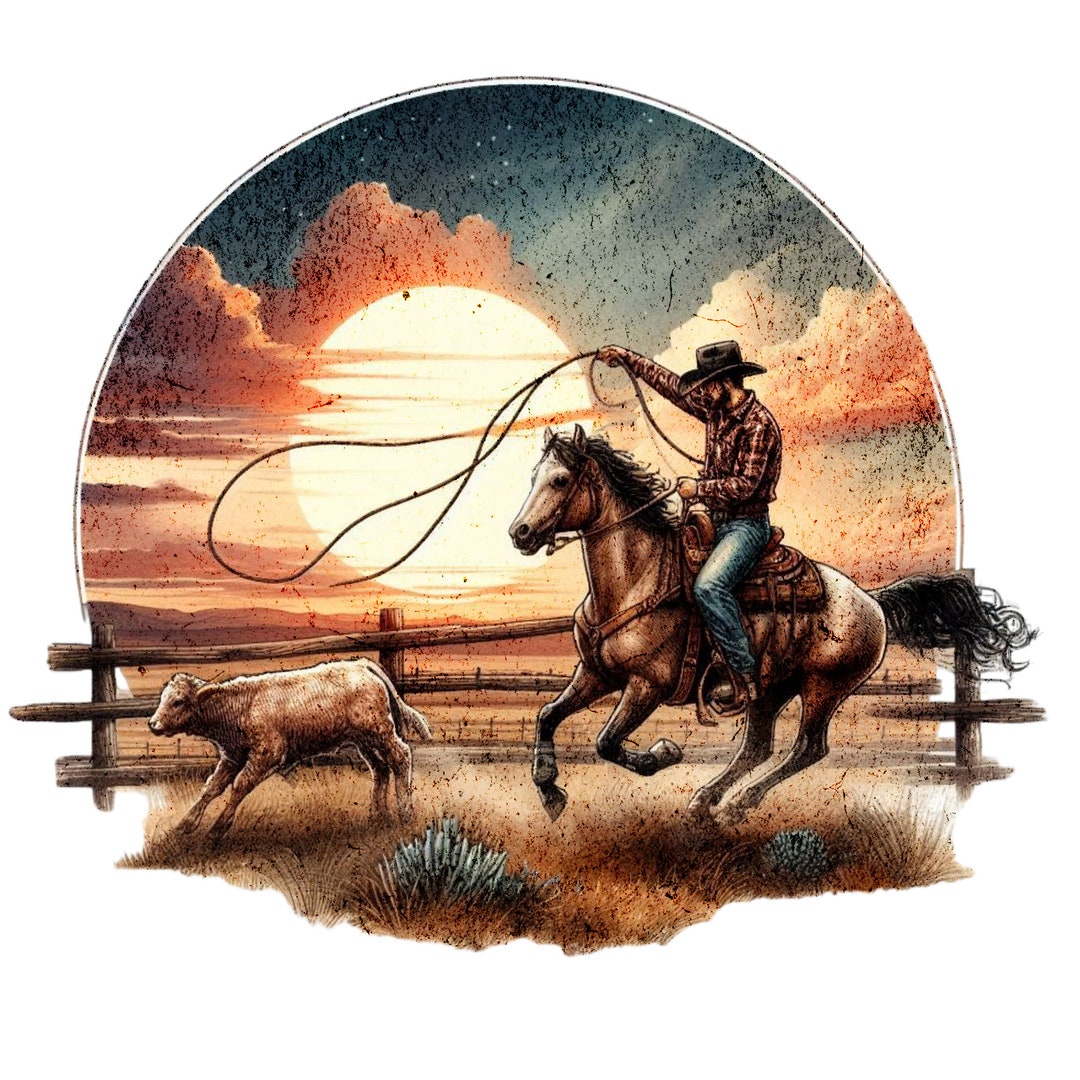 Western Cowboy Rodeo PNG, Retro Sunset Drawing (sublimation Download ...