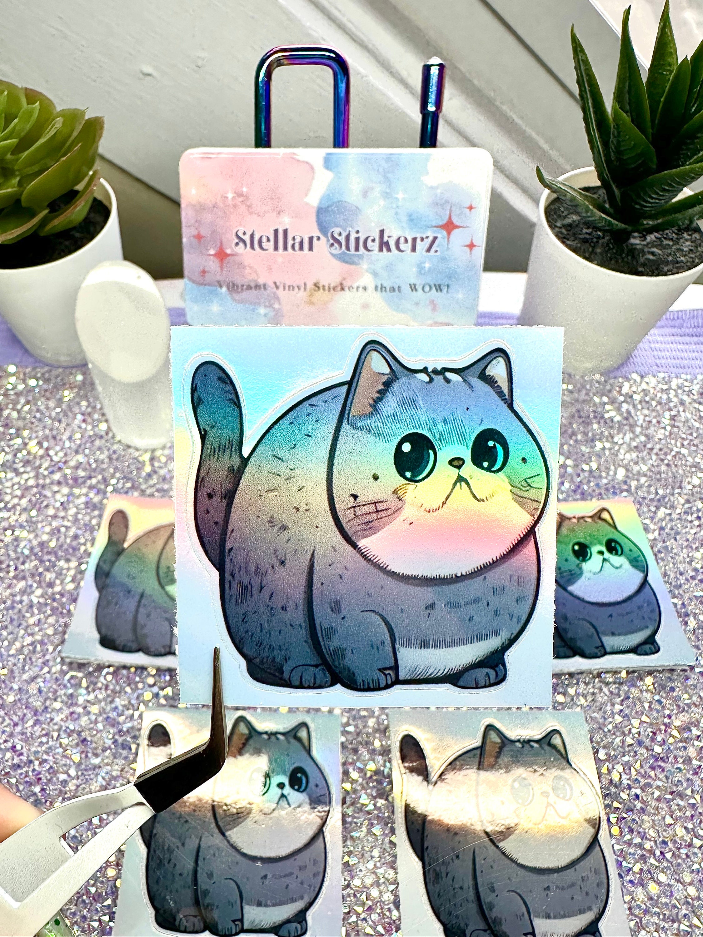 Fat Fluffy Cat Sticker Holographic Vinyl Sticker Paper is Water ...