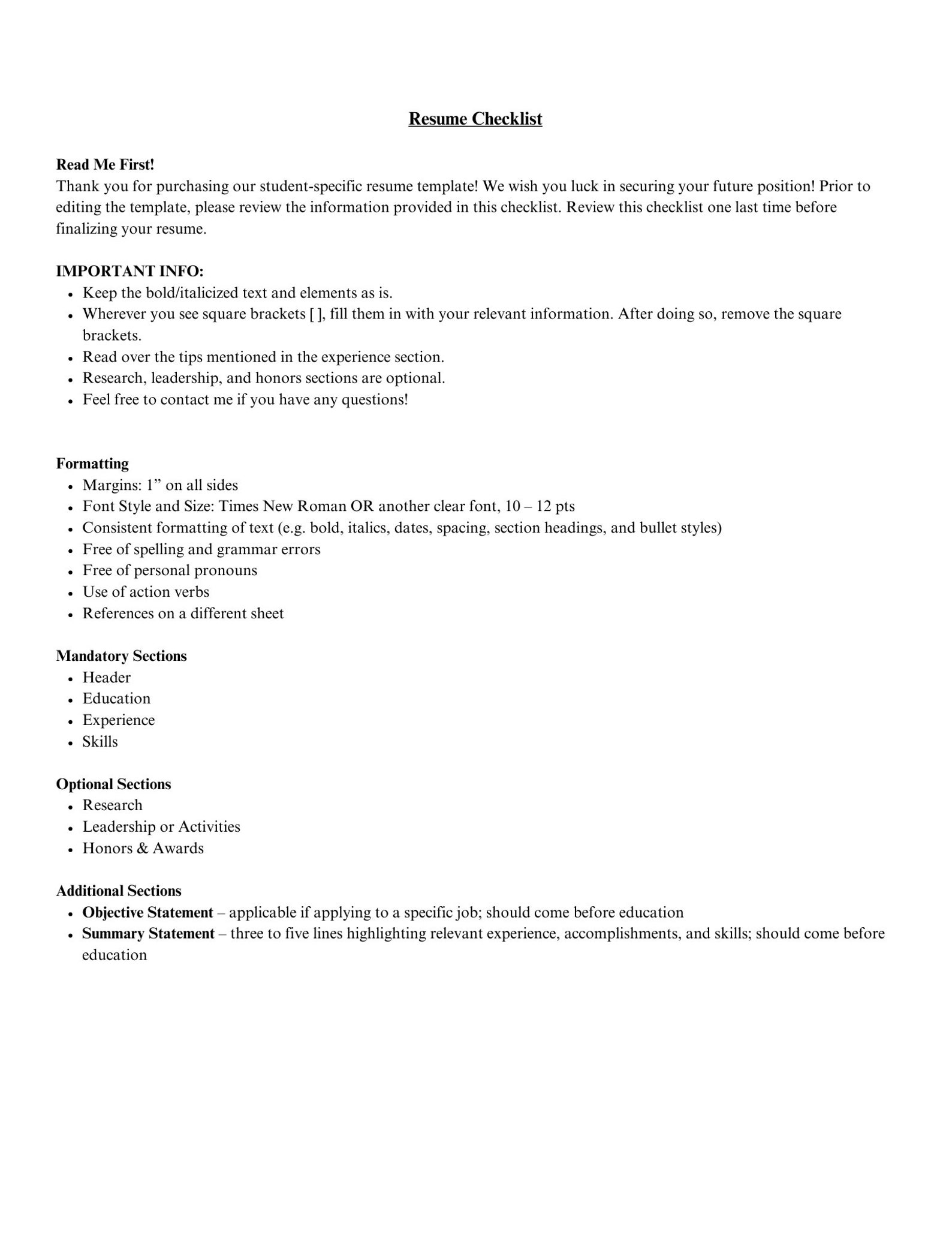 One Page Student Resume Template With Resume Checklist | Single Simple ...