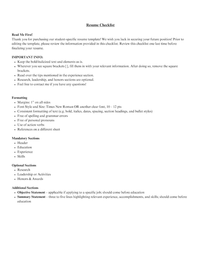 One Page Student Resume Template With Resume Checklist | Single Simple ...