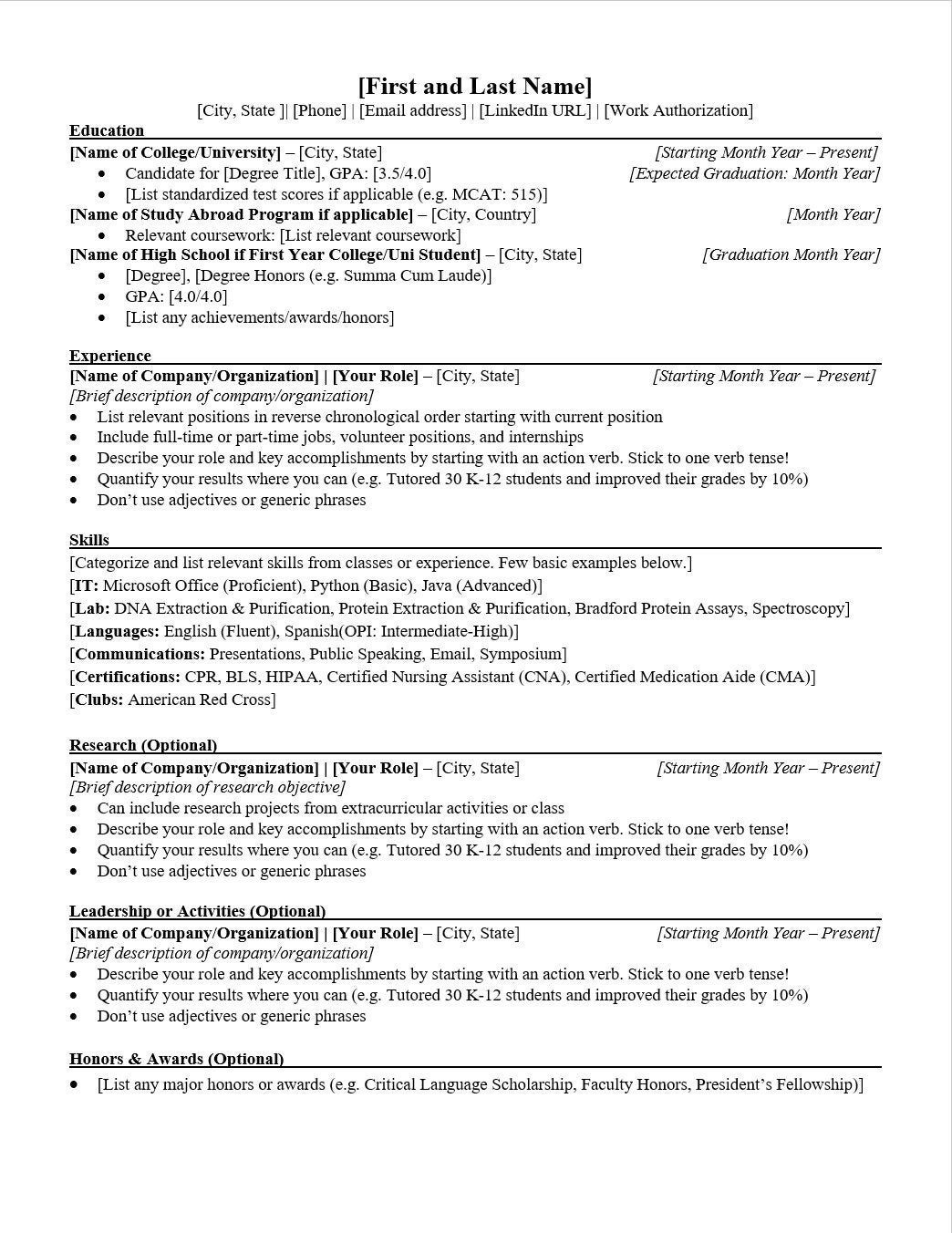 One Page Student Resume Template With Resume Checklist | Single Simple ...