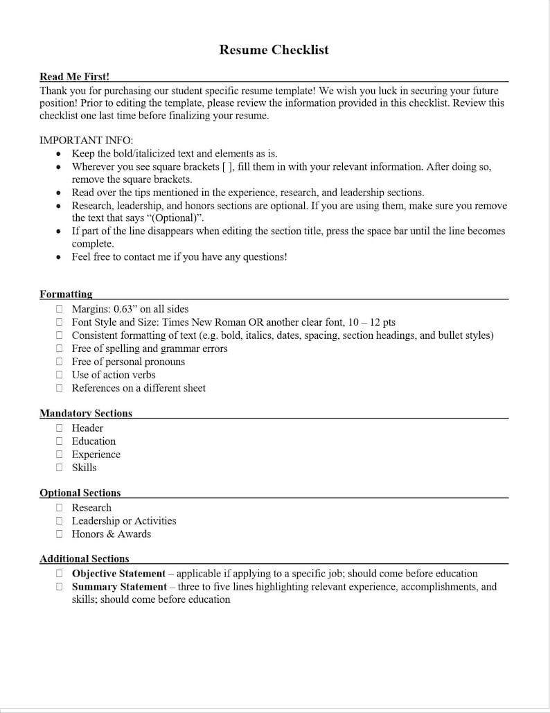 One Page Student Resume Template With Resume Checklist | Single Simple ...