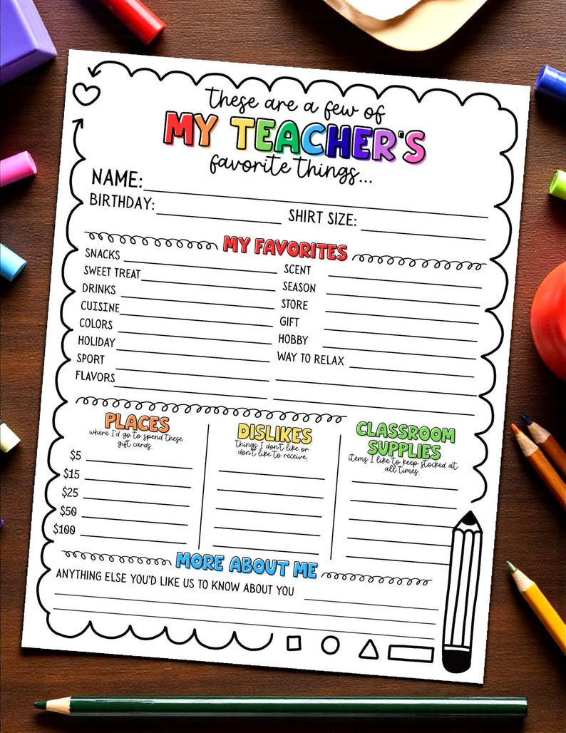Teacher's Favorite Things List: Editable and Printable Classroom Gift ...