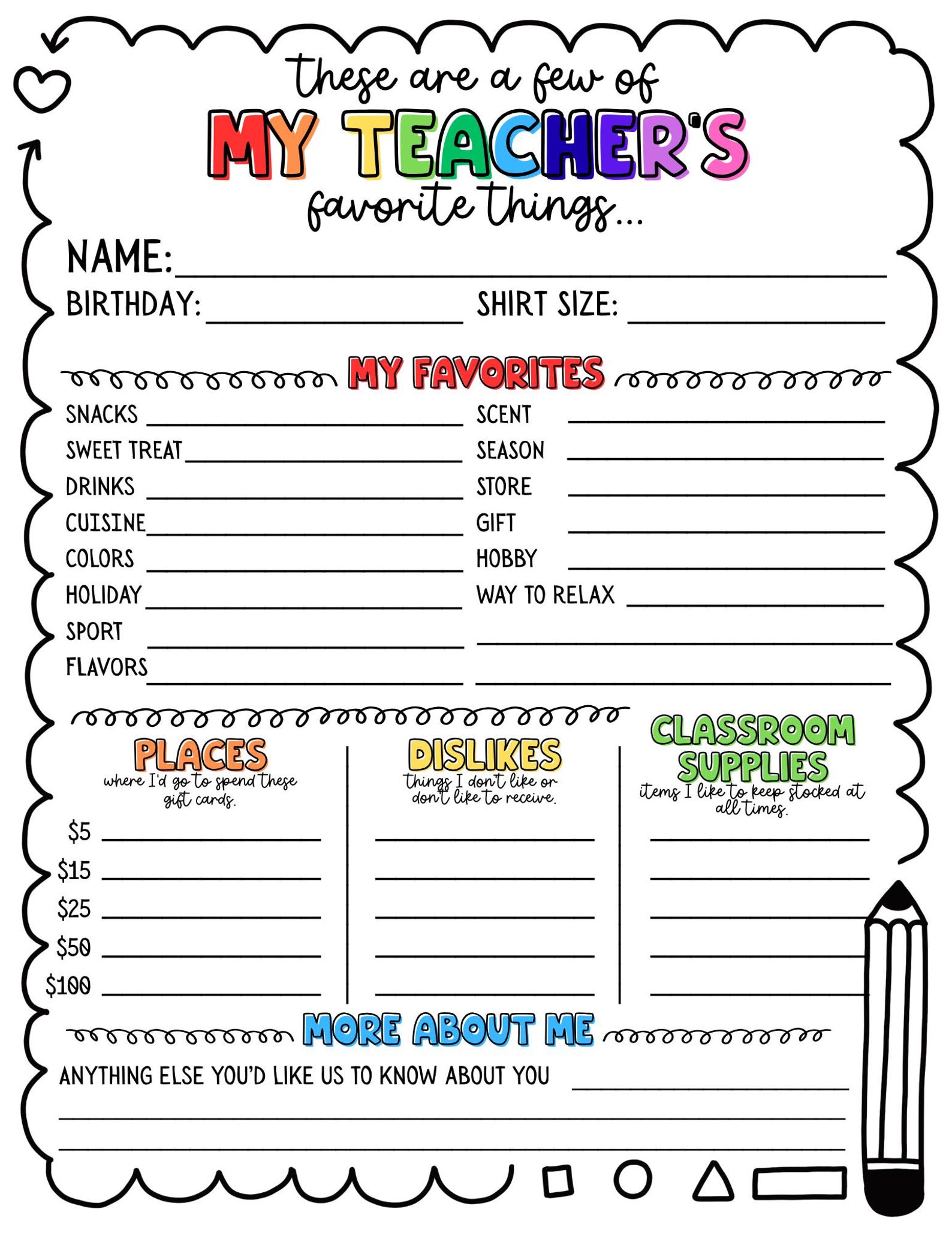 Teacher's Favorite Things List: Editable and Printable Classroom Gift ...