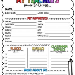 Teacher's Favorite Things List: Editable and Printable Classroom Gift ...