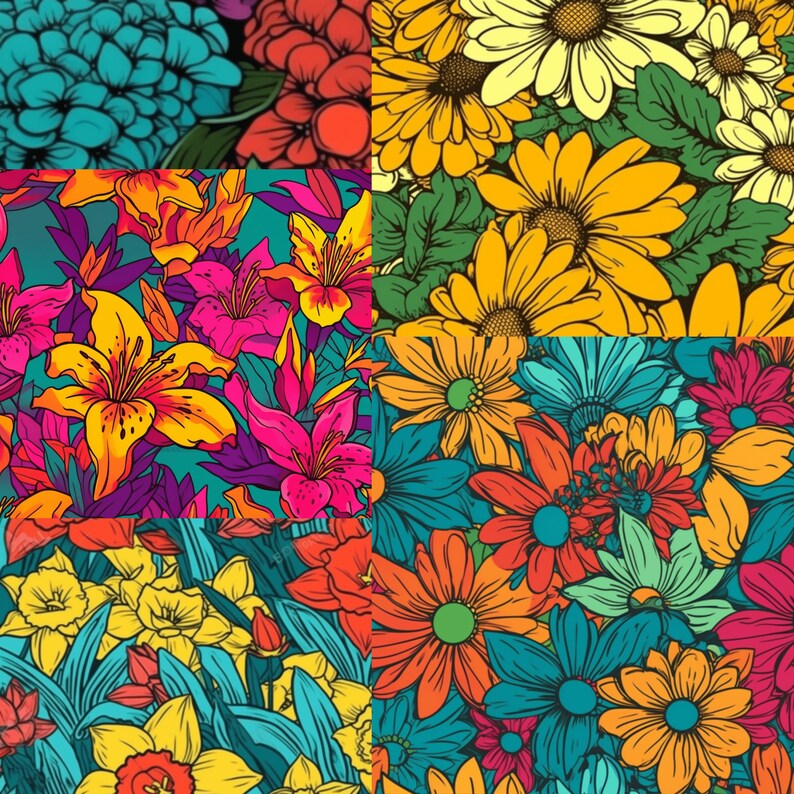 Pop Art Flowers Seamless Patterns Digital Paper Vibrant Colors, Lilies ...