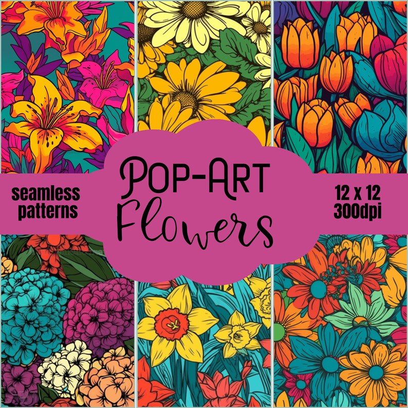 Pop Art Flowers Seamless Patterns Digital Paper Vibrant Colors, Lilies ...