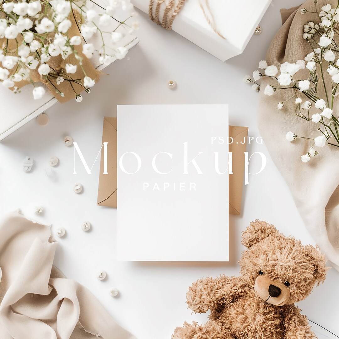 Baby Shower Mockup, 5x7 Card Mockup, Minimalist Blank Card, Teddy Bear ...