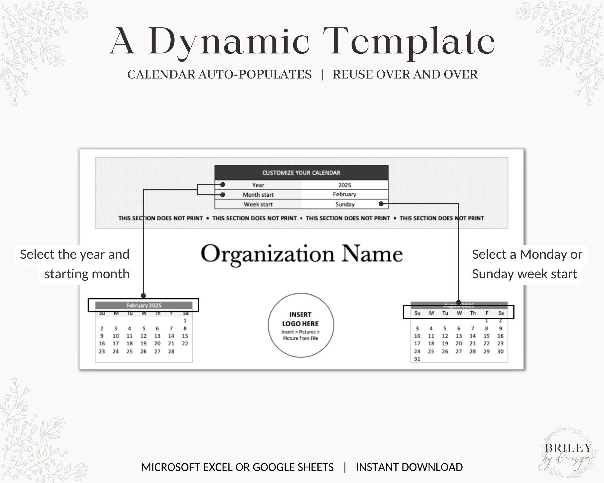 Annual Calendar Printable Customizable Automated Excel Spreadsheet ...
