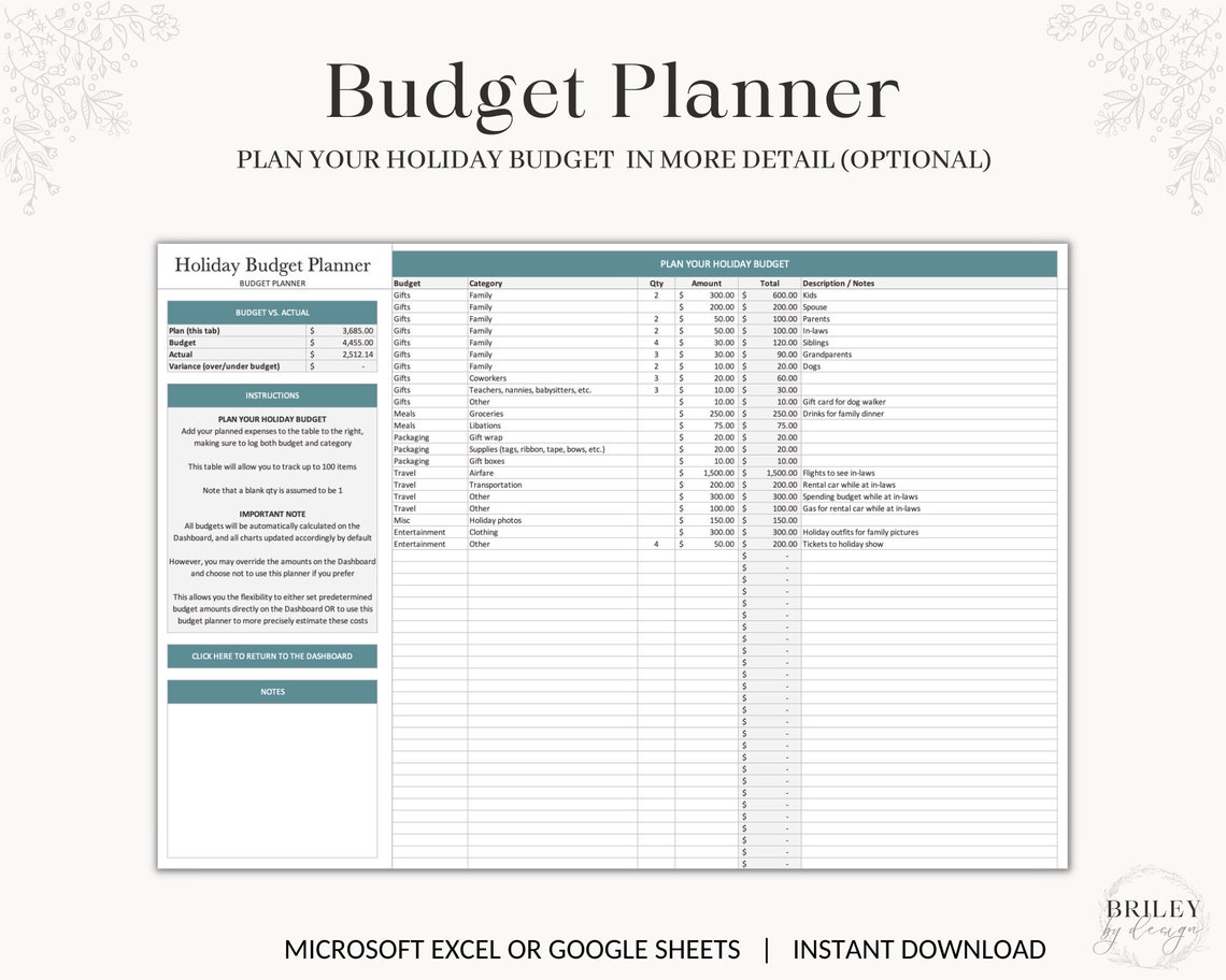 Holiday Budget Planner Excel Spreadsheet and Google Sheets Template ...
