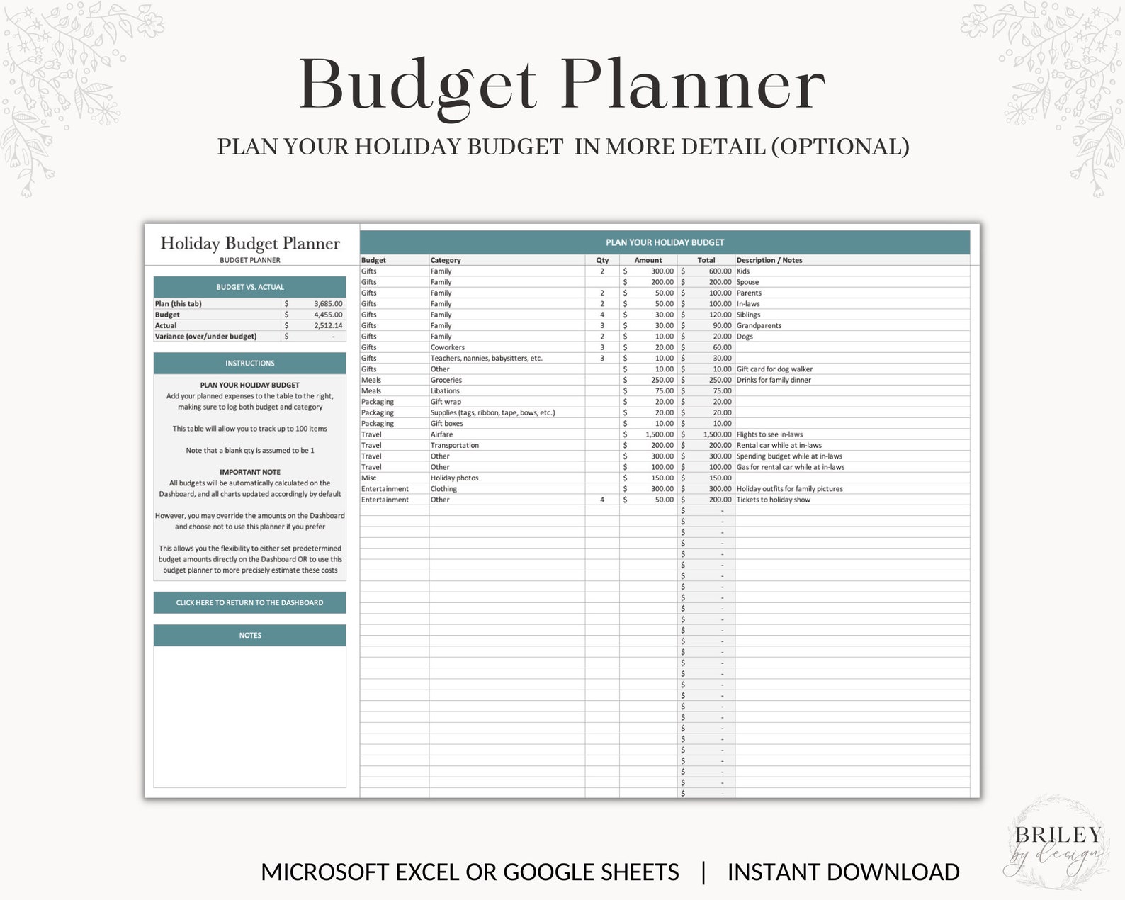 Holiday Budget Planner Excel Spreadsheet and Google Sheets Template ...