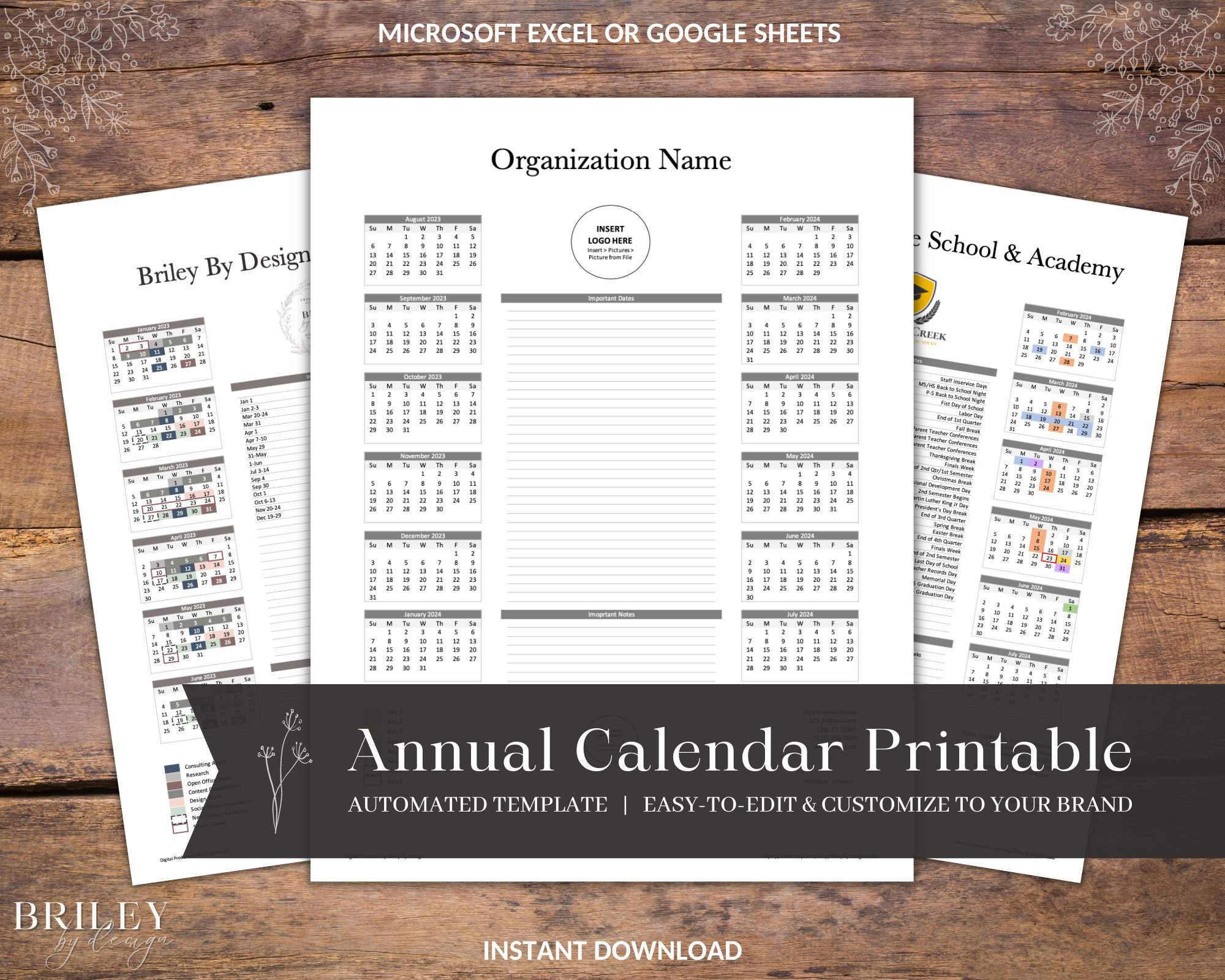 Annual Calendar Printable Customizable Automated Excel Spreadsheet ...