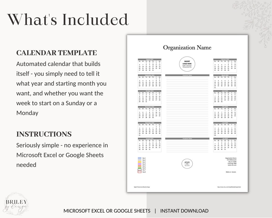 Annual Calendar Printable Customizable Automated Excel Spreadsheet ...