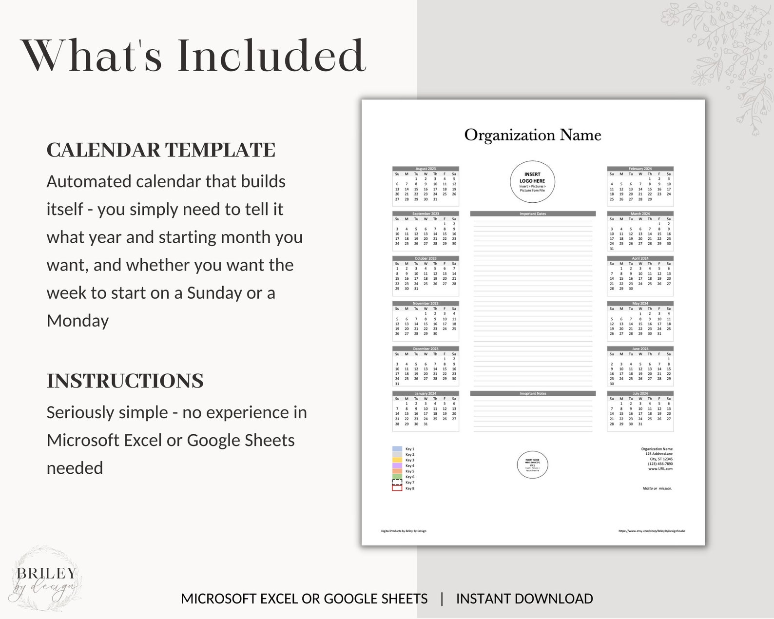Annual Calendar Printable Customizable Automated Excel Spreadsheet ...