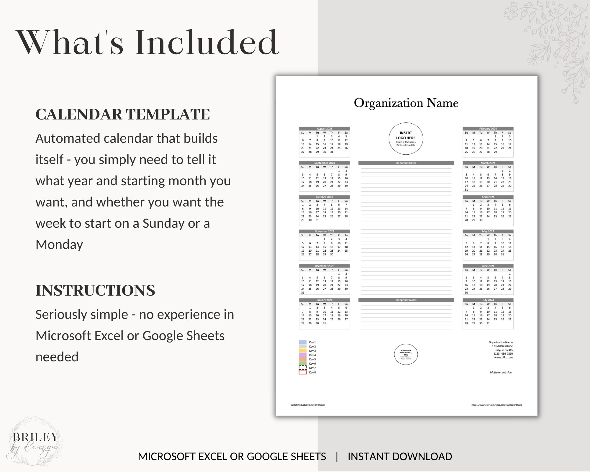 Annual Calendar Printable Customizable Automated Excel Spreadsheet ...