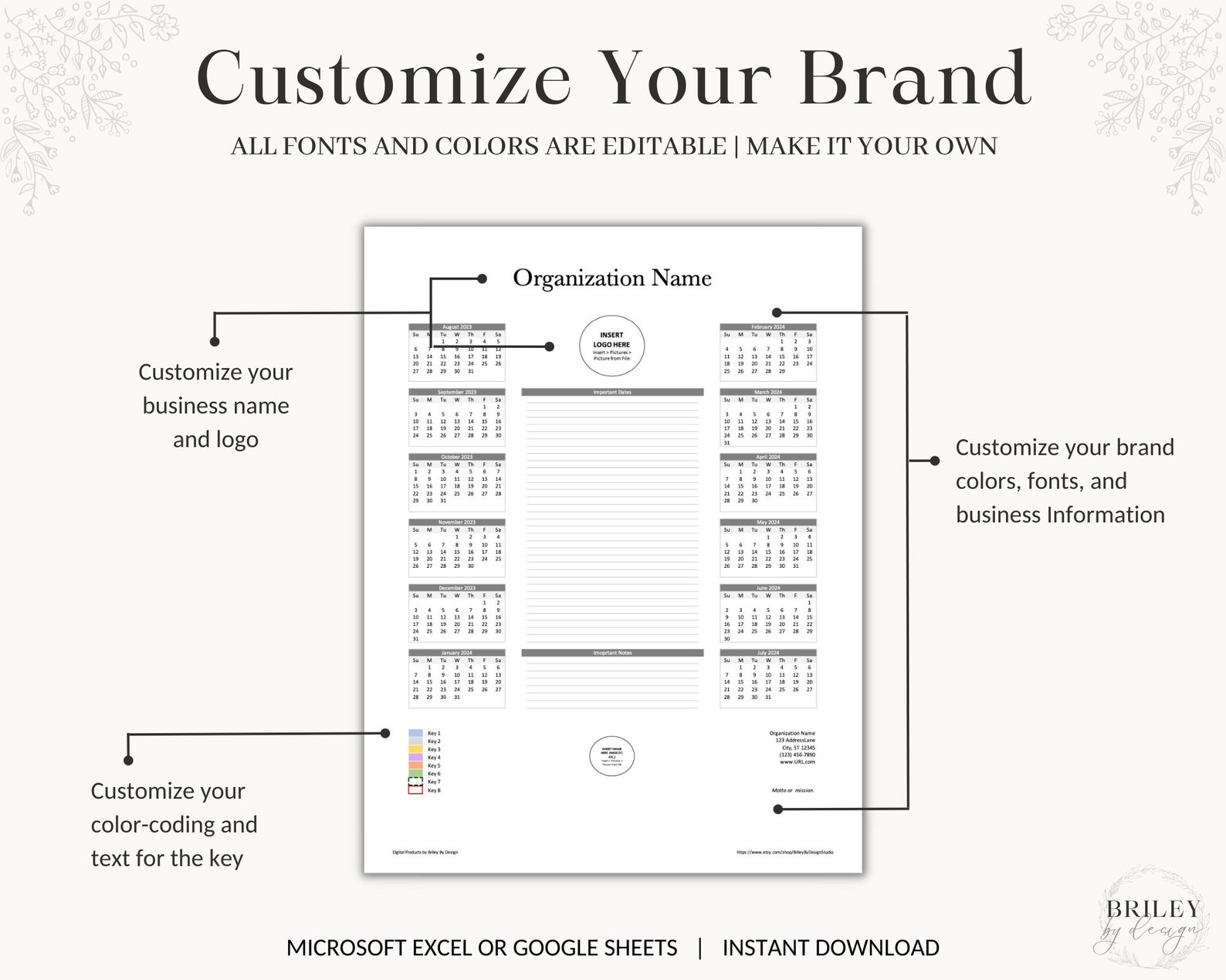 Annual Calendar Printable Customizable Automated Excel Spreadsheet ...