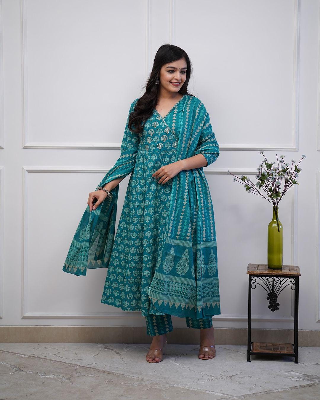 Saganeri Block Print Angrakha Suit: Cotton Kurta Set - Etsy