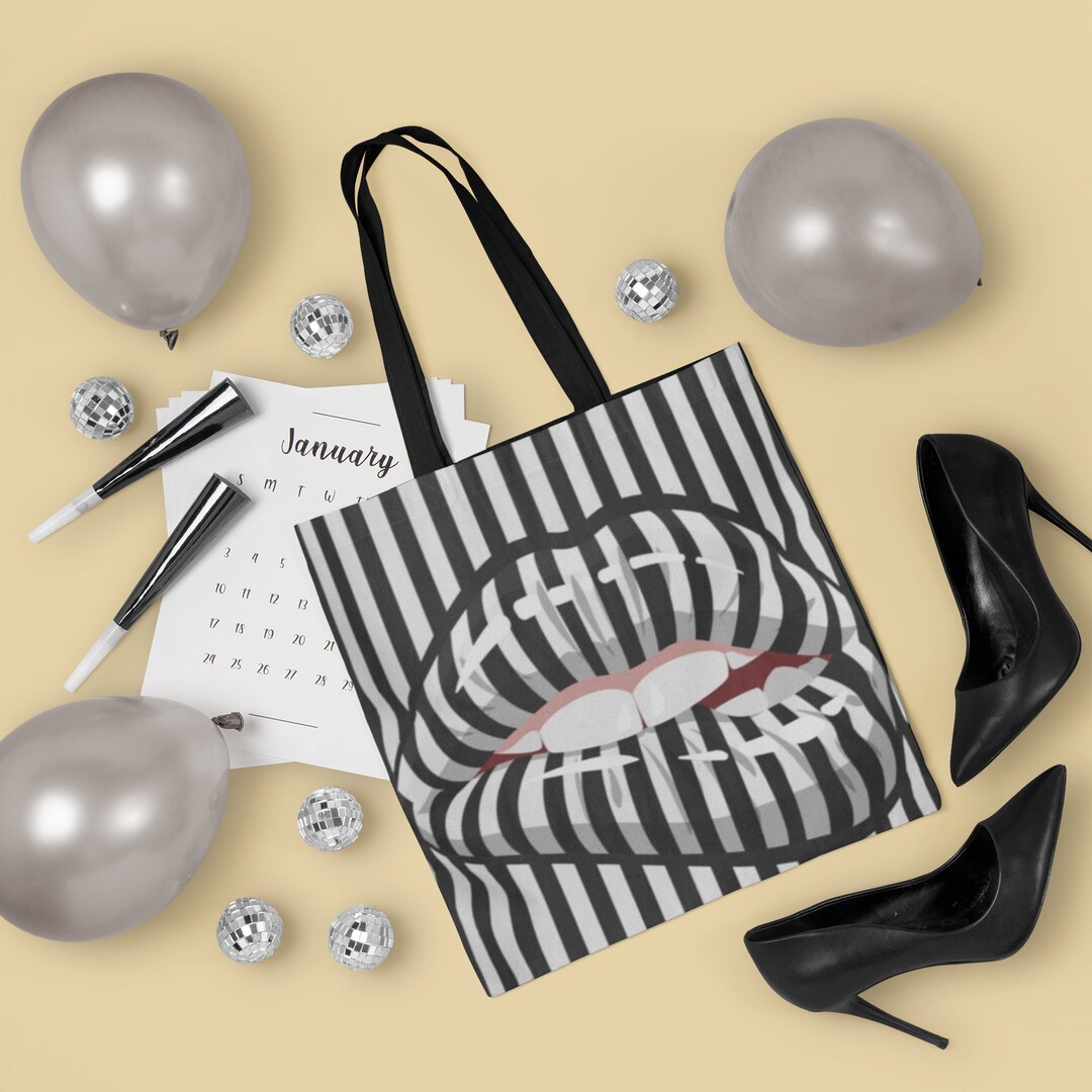 Lips Tote Bag, Black and White Makeup Tote Bag, Lipstick Bag, Lips ...