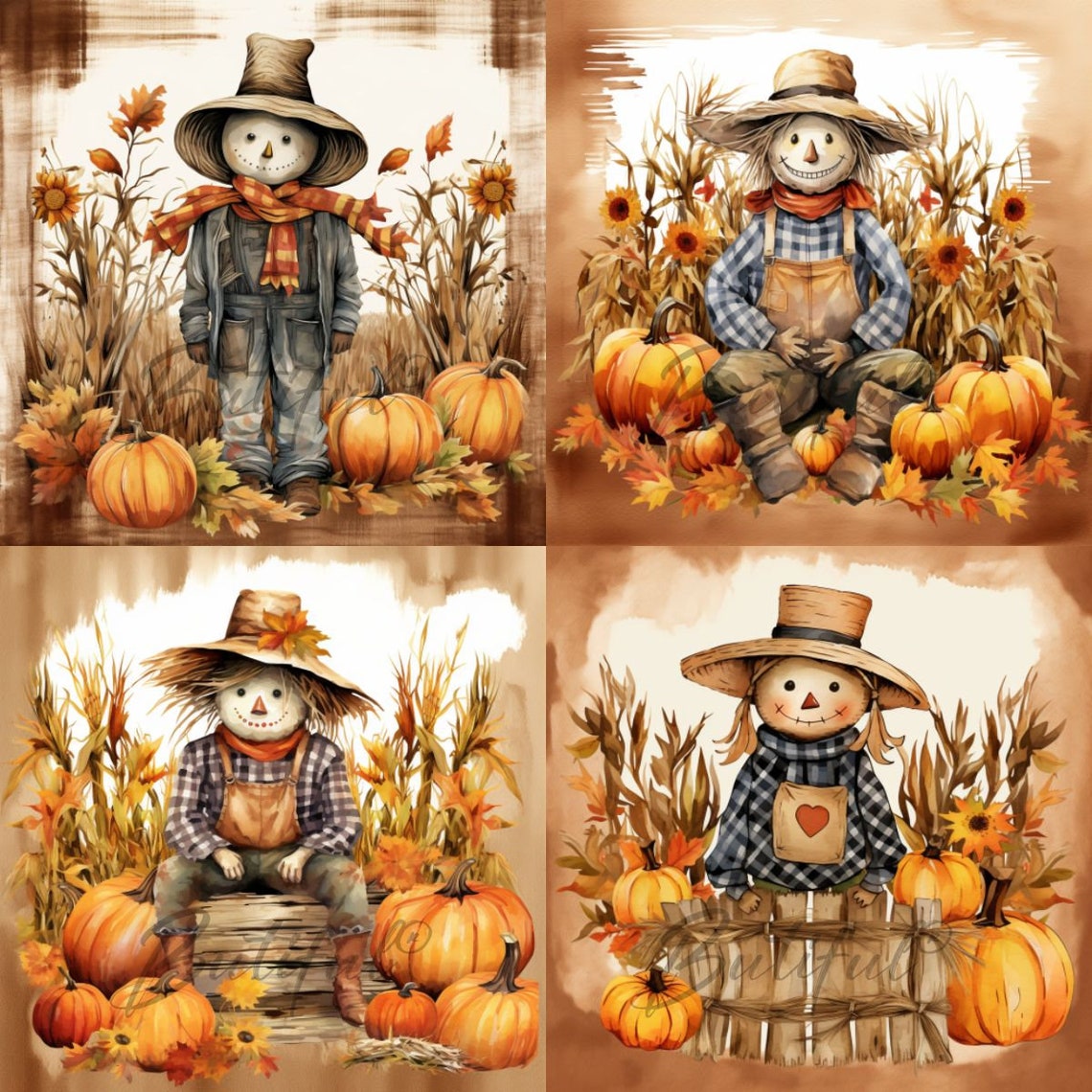 Autumn Harvest Scarecrow, PNG, Digital Download Whimsical Fall Clipart ...