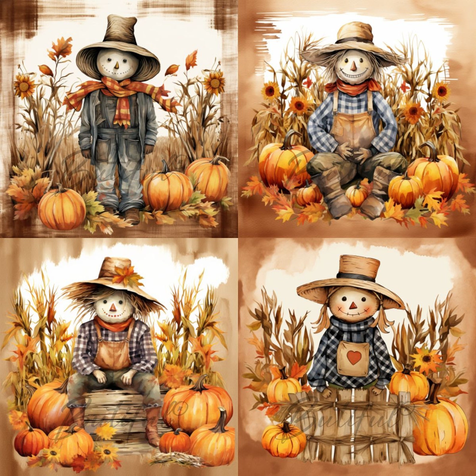 Autumn Harvest Scarecrow, PNG, Digital Download Whimsical Fall Clipart ...