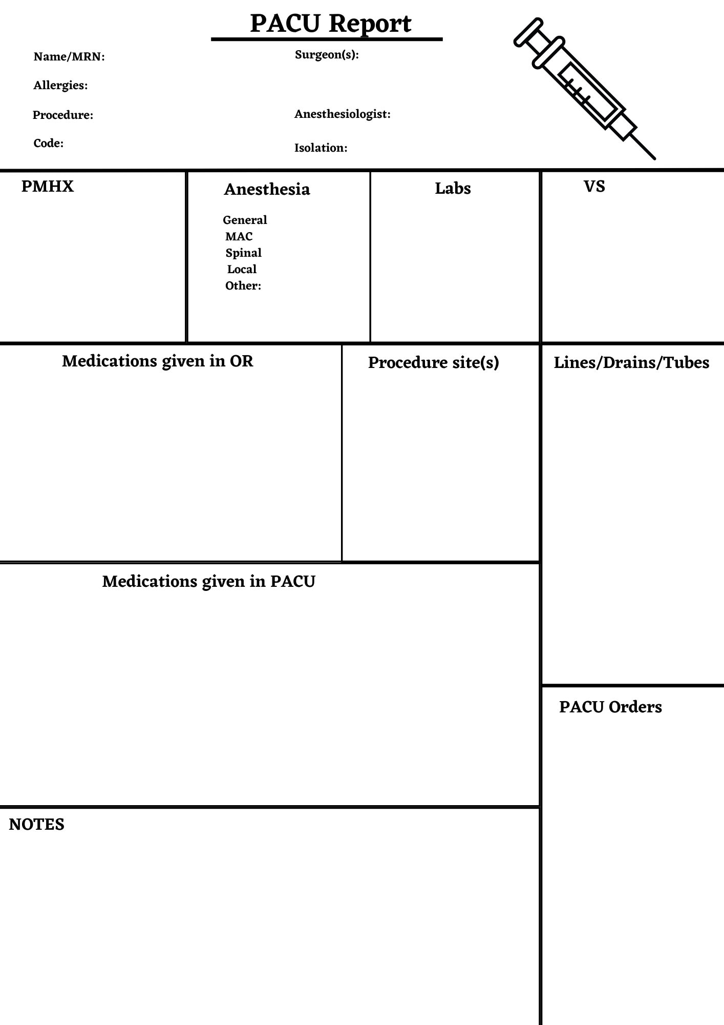PACU Nurse Report Sheet - Etsy