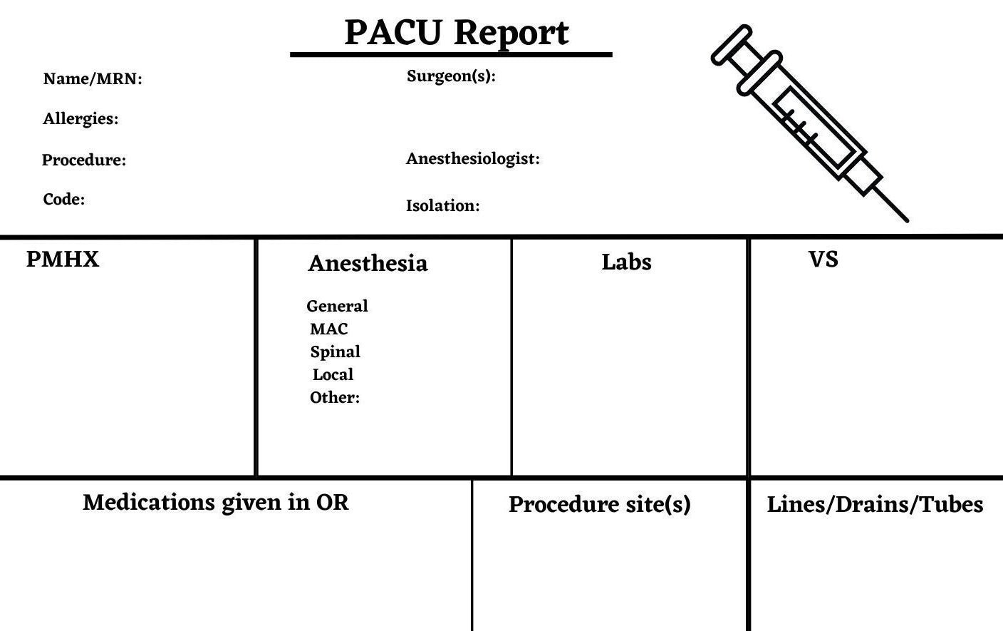 PACU Nurse Report Sheet - Etsy