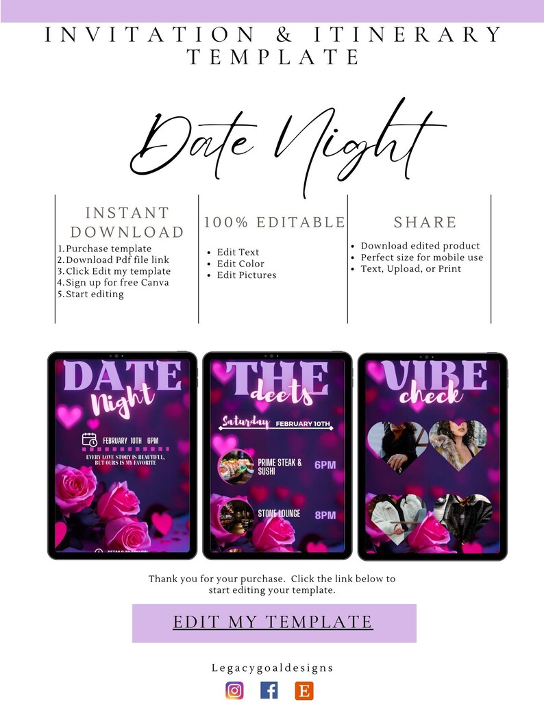 Date Night Invitation Template Pink & Purple, Editable, Itinerary ...