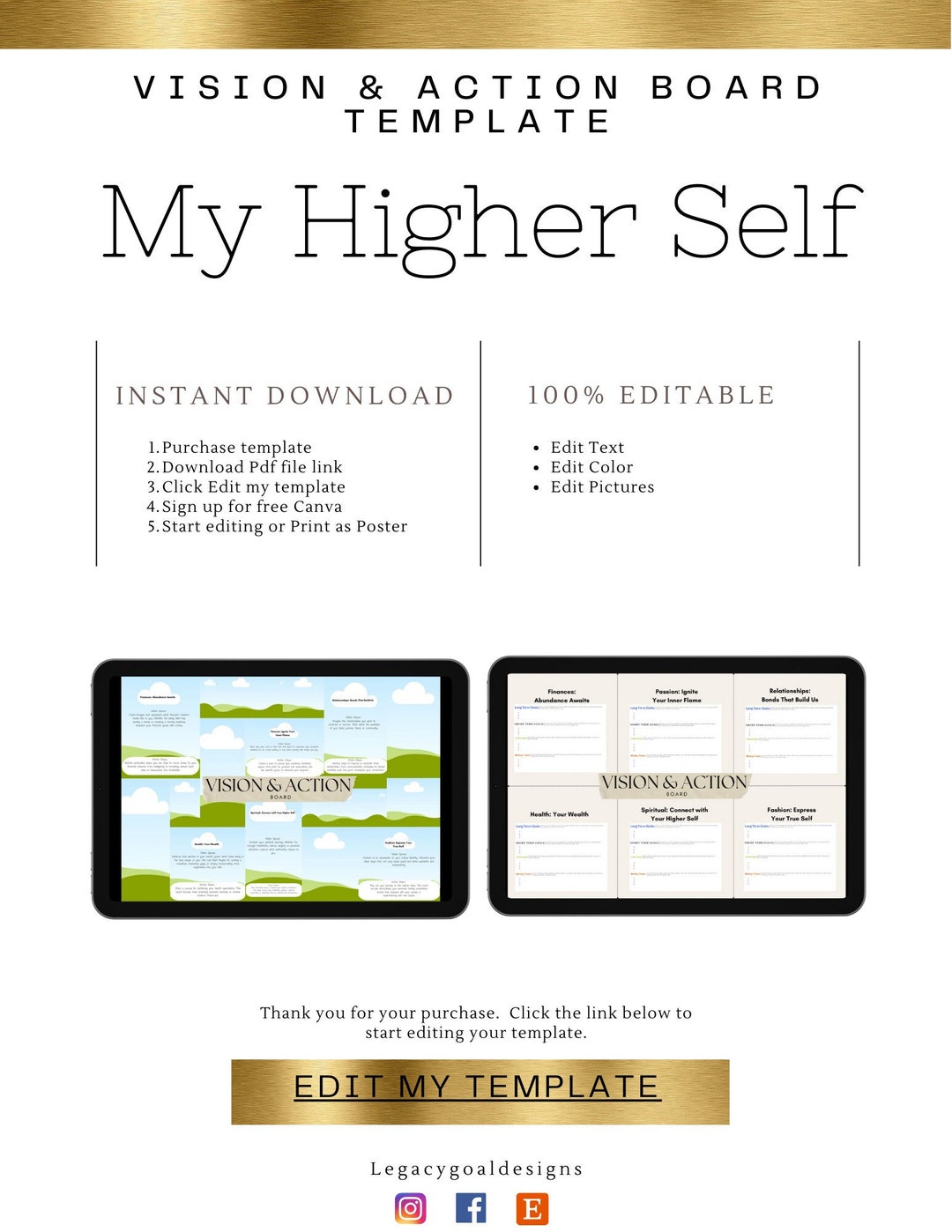 Vision Board With Action Steps Template, Instant Download, Printable or ...