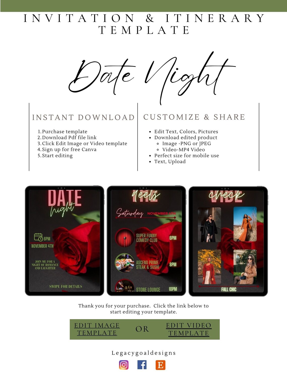 Date Night Invitation Template Red Rose, Editable, Itinerary Template ...