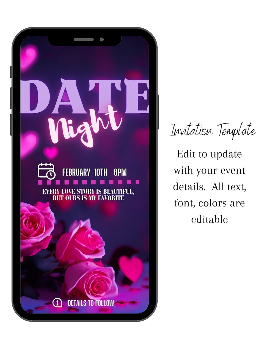 Date Night Invitation Template Pink & Purple, Editable, Itinerary ...
