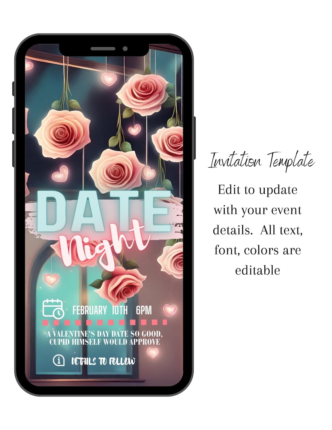 Date Night Invitation Template Valentine's Pink Roses, Editable ...