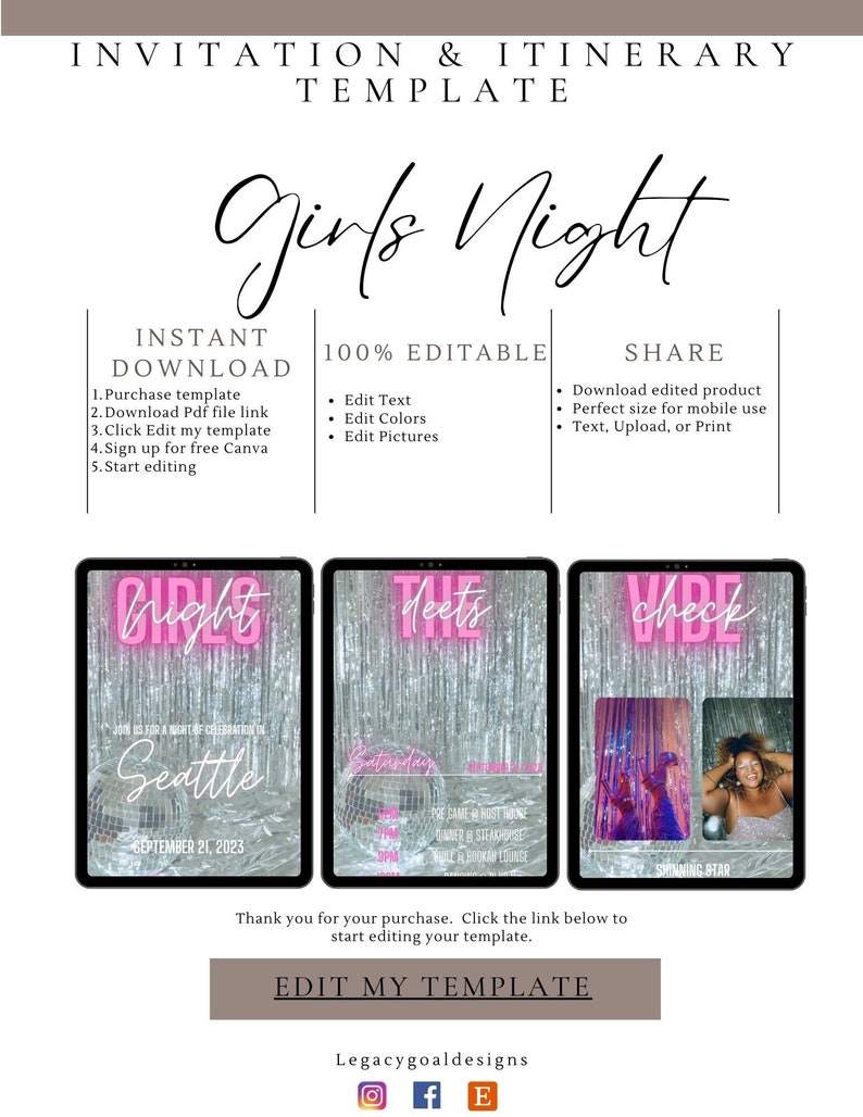 Girls Night Digital Invitation Template 100% Editable, Disco Theme ...