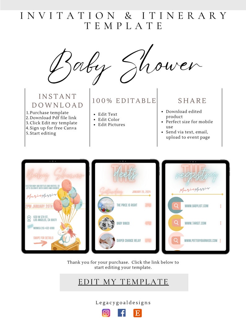 Baby Shower Digital Invitation Template, Pink Baby Unicorn Invite ...