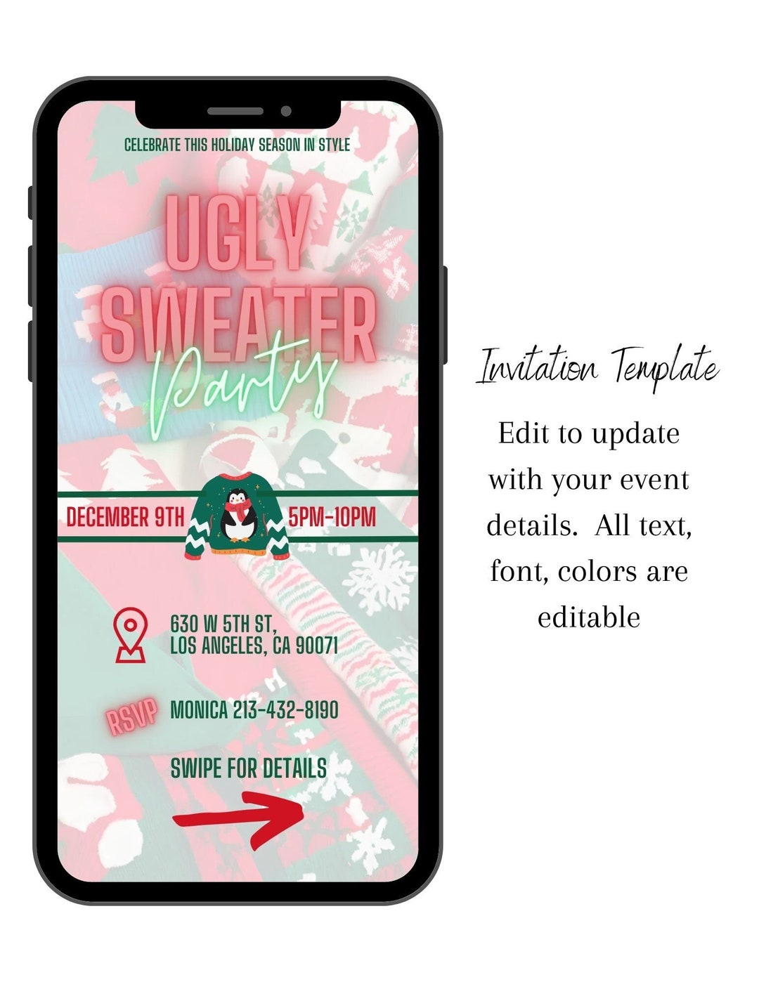 Ugly Sweater Holiday Party Digital Invitation Template, Editable ...