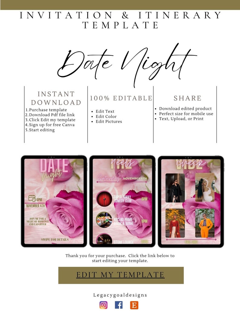 Date Night Digital Invitation Template Pink Rose, Editable, Itinerary ...