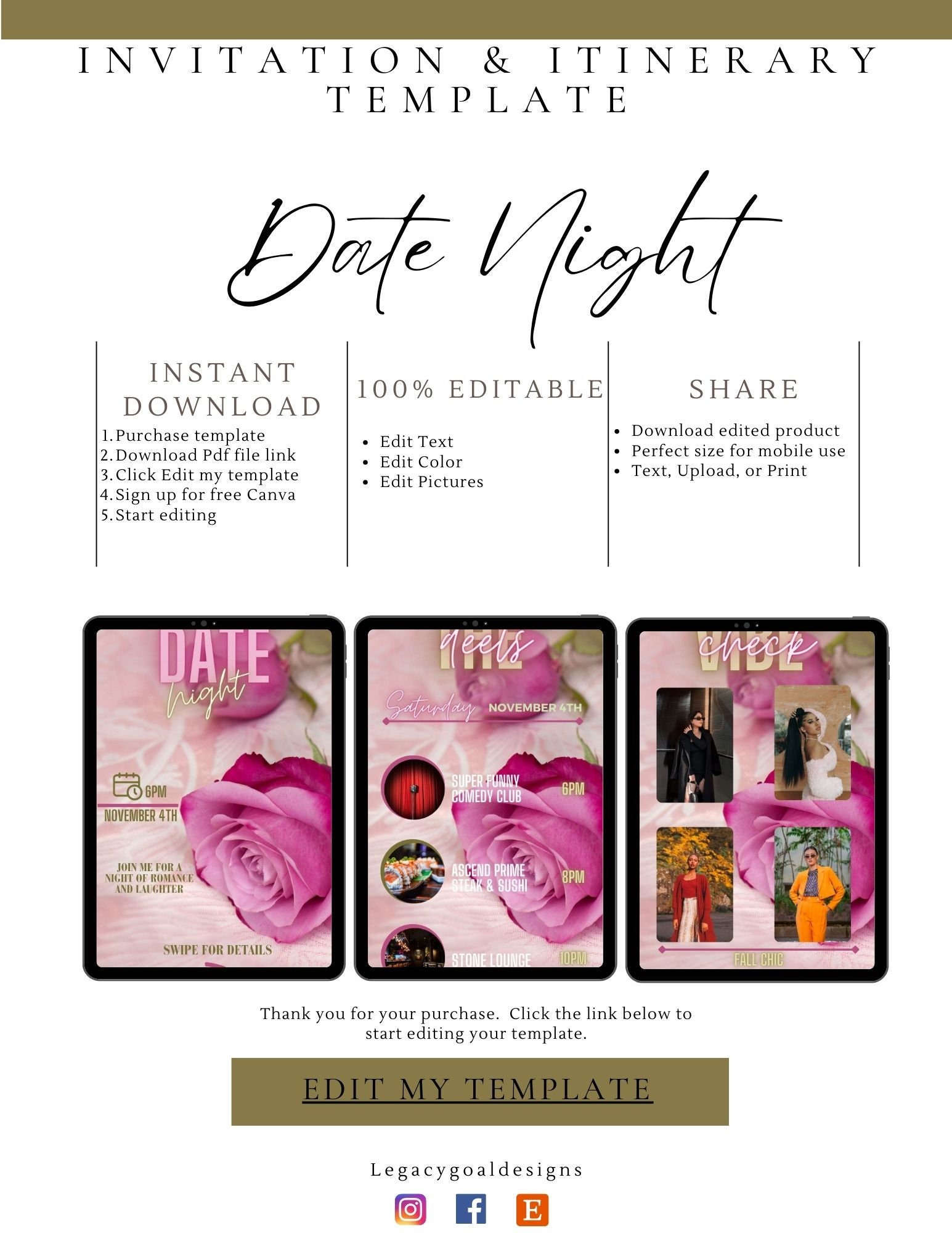 Date Night Digital Invitation Template Pink Rose, Editable, Itinerary ...