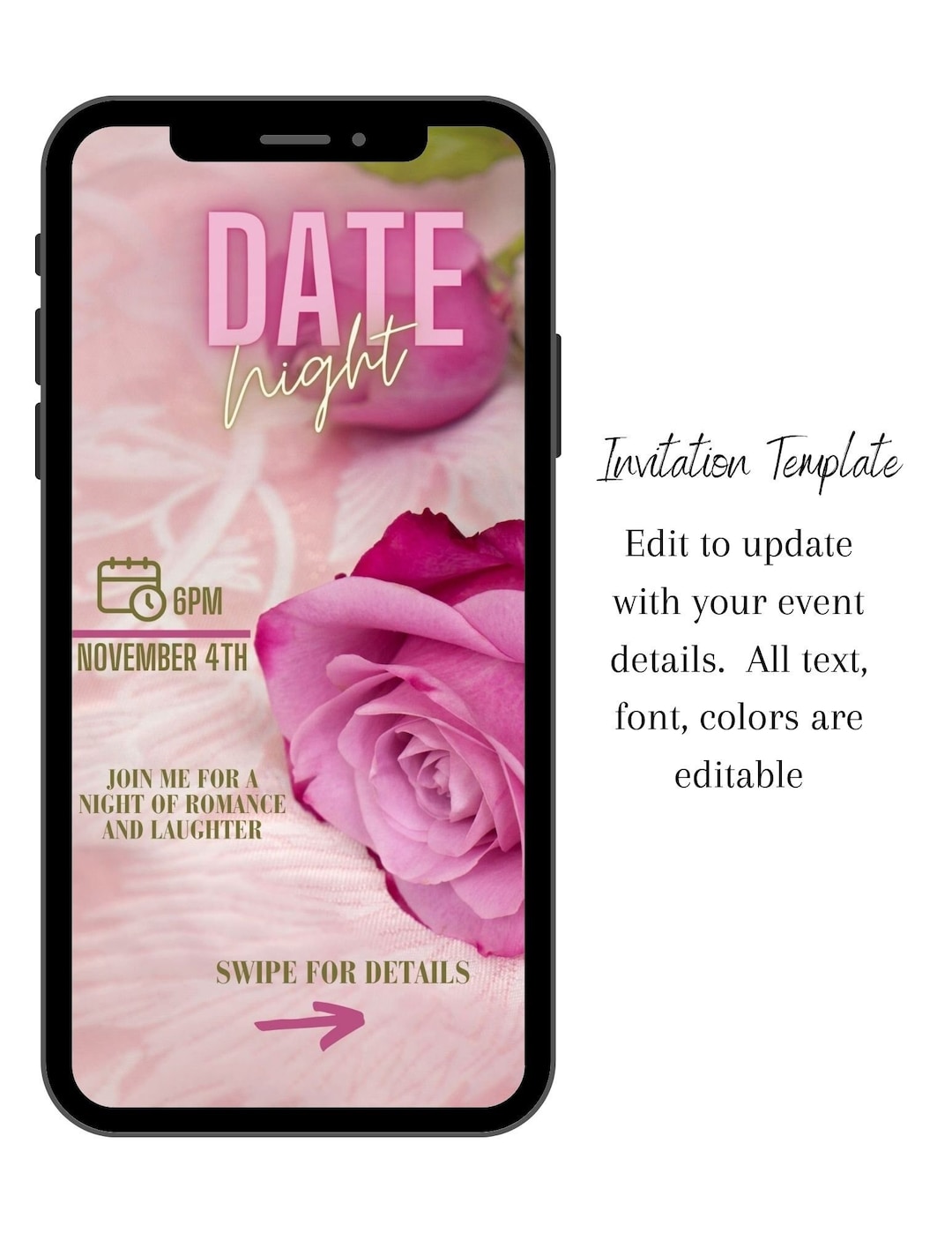 Date Night Digital Invitation Template Pink Rose, Editable, Itinerary ...