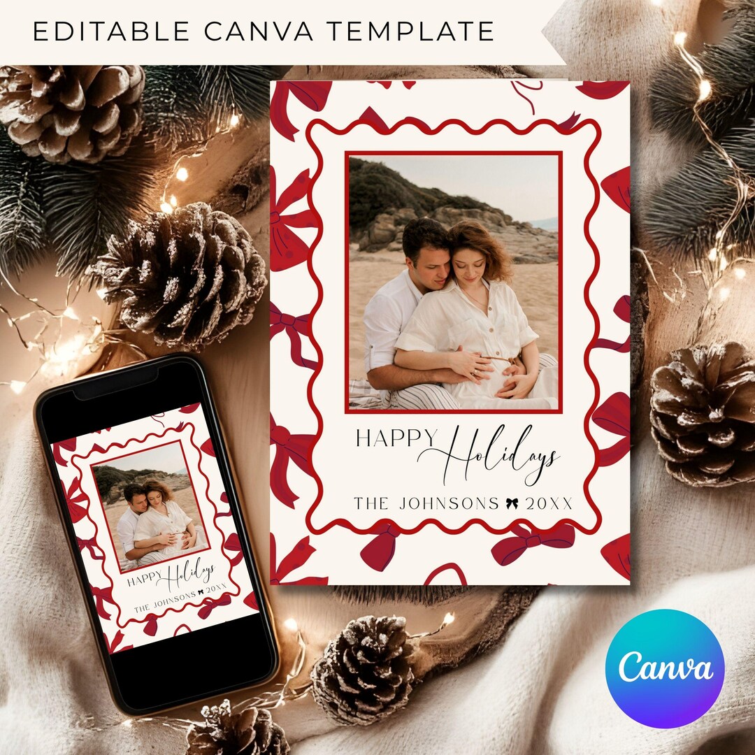 Whimsical Bow Squiggly Frame Family Christmas Photo Card Editable Canva ...