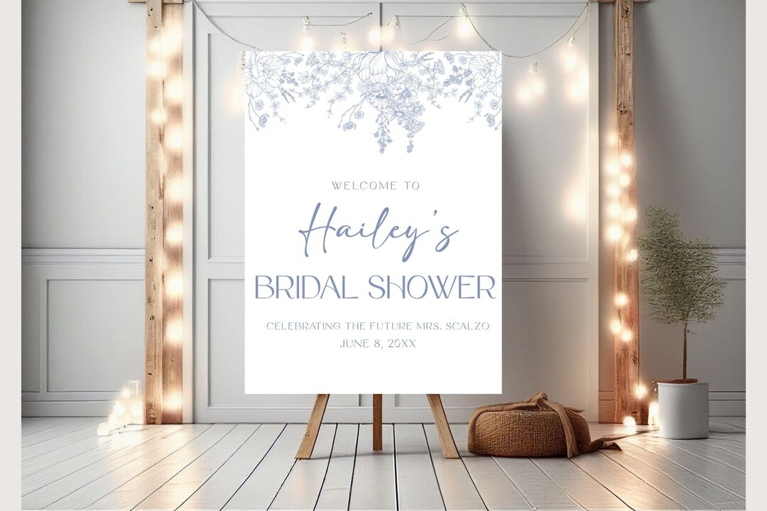 Bridal Shower Welcome Sign Blue Floral Minimalist Custom Bridal Shower ...