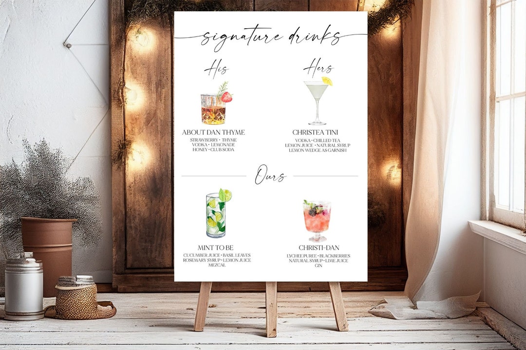 Signature Drink Menu Custom Signs for Weddings Customized Cocktail Sign ...