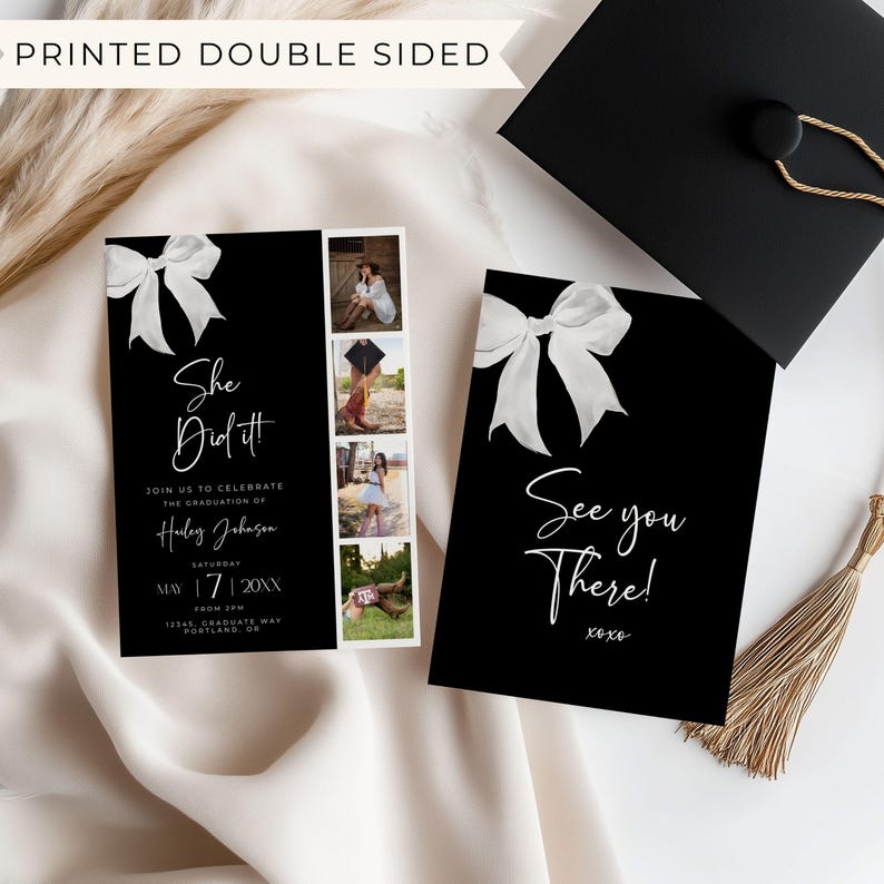 Bow Graduation Invites With Photos | Double-sided Graduation Party ...