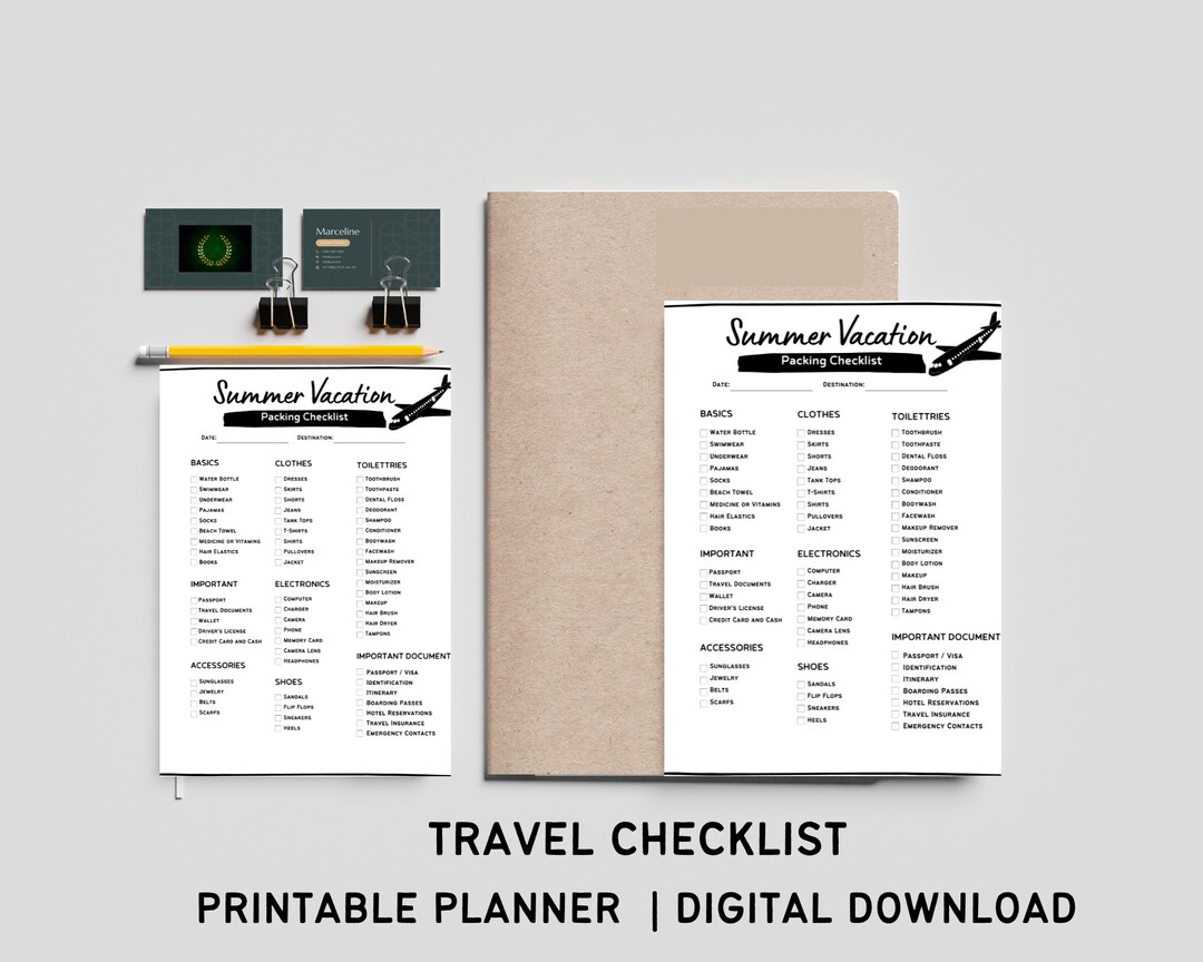 Travel Checklist, Digital Printable Travel Checklist, Travel Vacation ...
