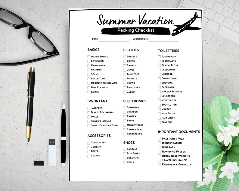 Travel Checklist, Digital Printable Travel Checklist, Travel Vacation ...