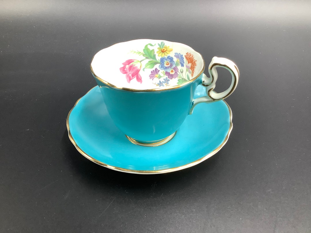 Aynsley Bone China Demitasse Cup and Saucer Turquoise With Flowers ...