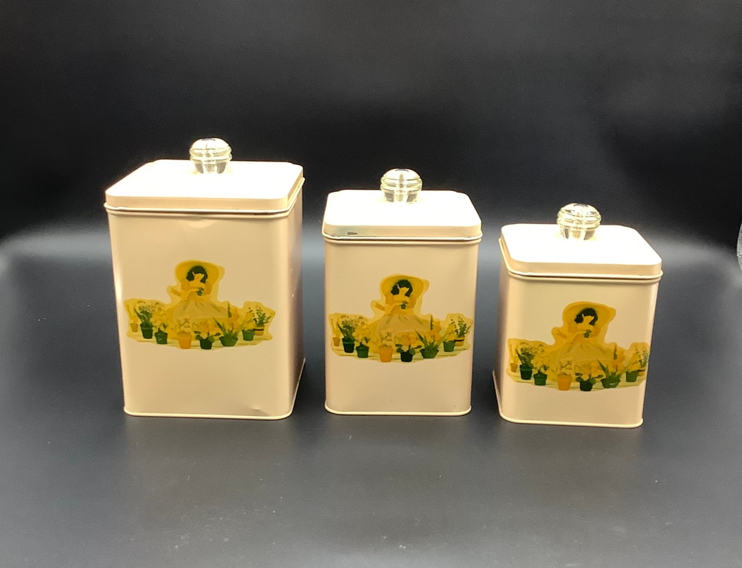 Vintage Pink Canister Set of 3 With Young Lady and Potted Flowers - Etsy